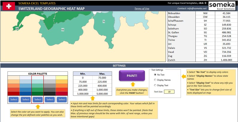 Switzerland Geographic Heat Map | Excel Template | Density Map ...