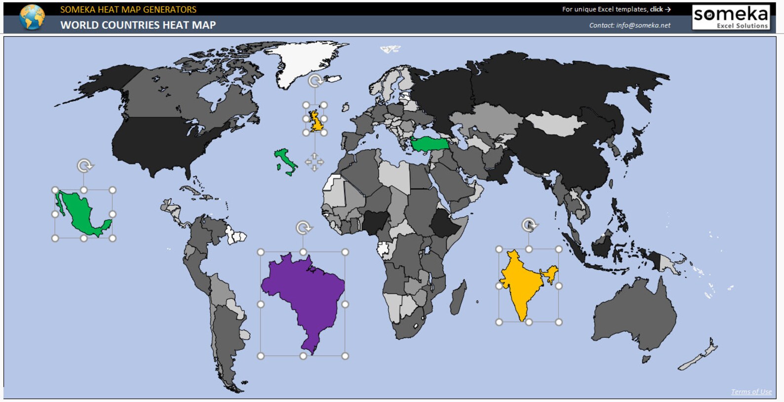 World Heat Map Excel Template | Density Map | Automatic City Coloring ...