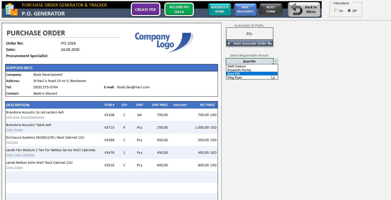 Purchase Order Tracker Excel Template | Digital Order Form | Invoicing ...