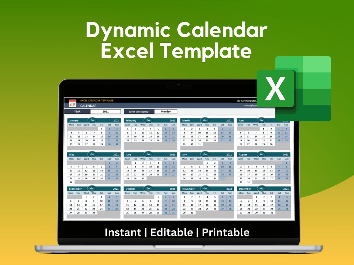 Dynamic Calendar Excel Template: 2020-2030, Printable & Editable - Etsy