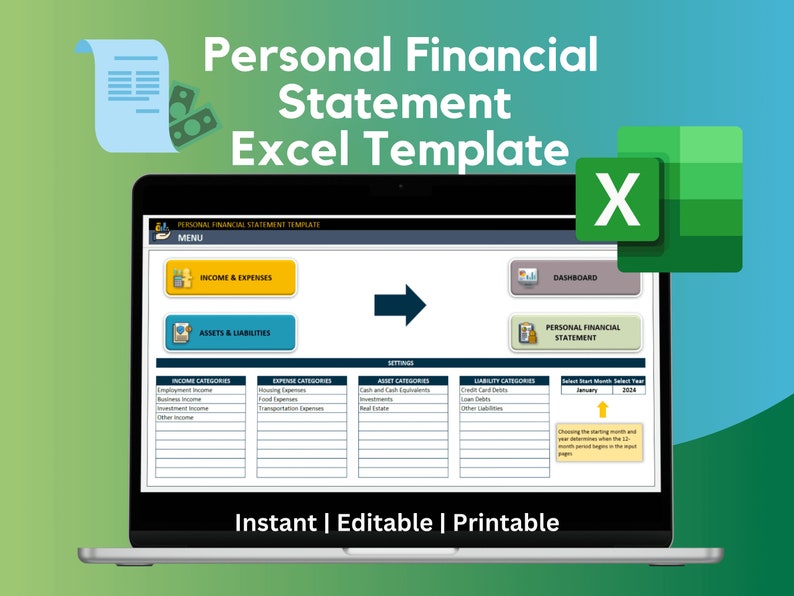 Personal Financial Statement | Excel Template | Net Worth and Profit Analysis | Income Statement ...