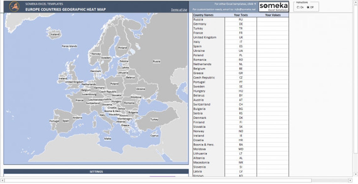 Europe Heat Map Excel Template Density Map Automatic City Coloring ...