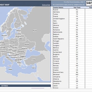 Europe Heat Map Excel Template | Density Map | Automatic City Coloring ...