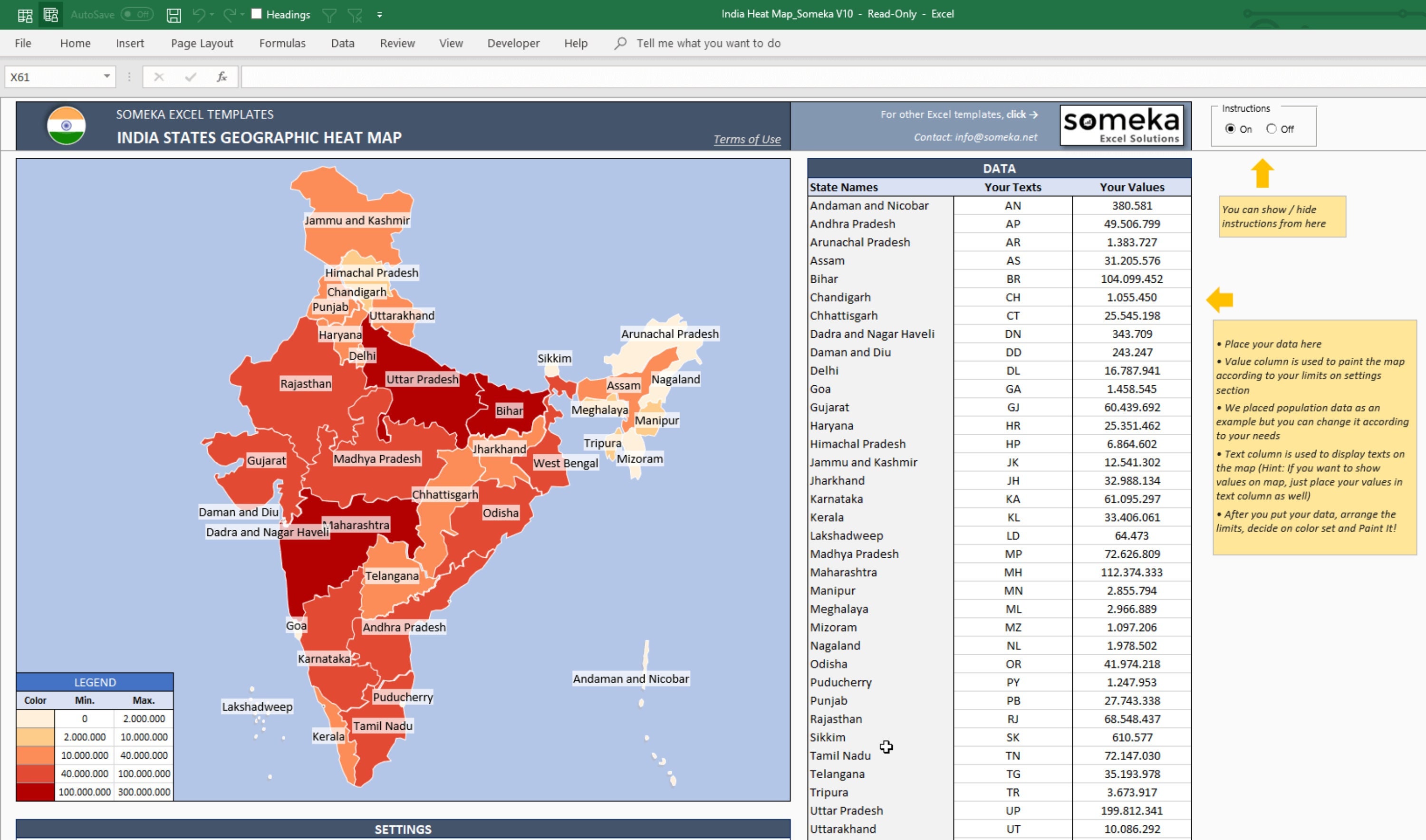 India Geographic Heat Map | Excel Template | Density Map | Automatic ...