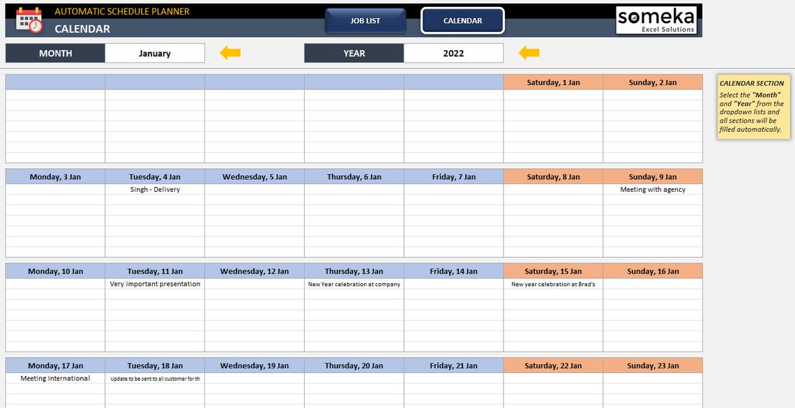 Automatic Schedule Planner in Excel Editable Calendar Maker Calendar ...
