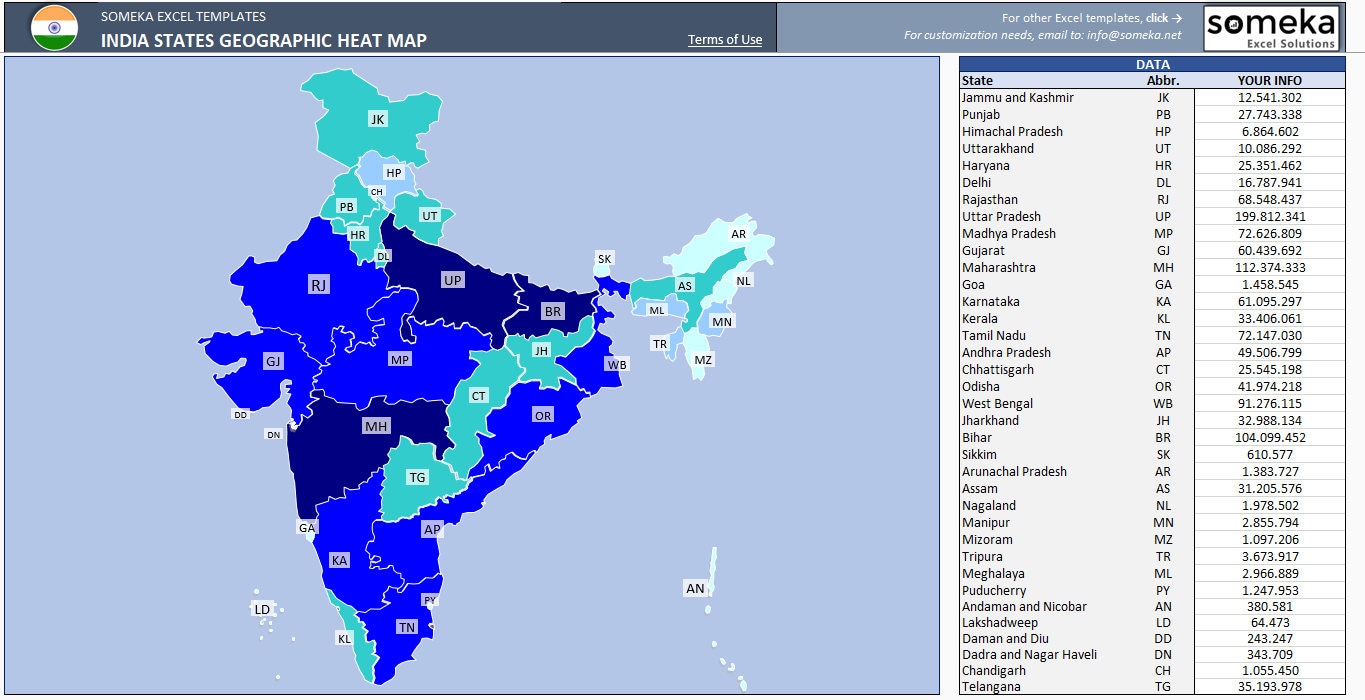 India Geographic Heat Map | Excel Template | Density Map | Automatic ...