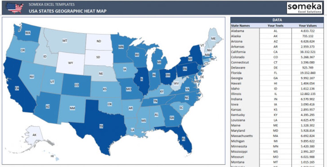 USA Geographic Heat Map | Excel Template | Density Map | Automatic City ...