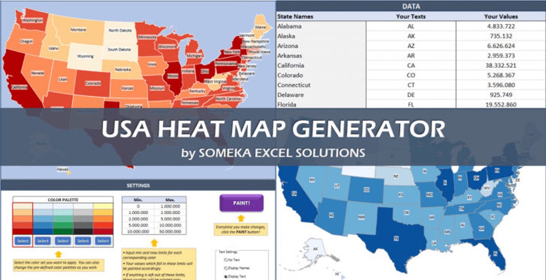 USA Geographic Heat Map | Excel Template | Density Map | Automatic City ...