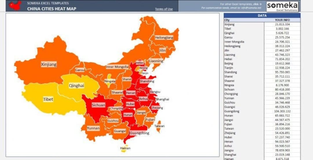 China Heat Map Excel Template | Geographic Data Visualization ...