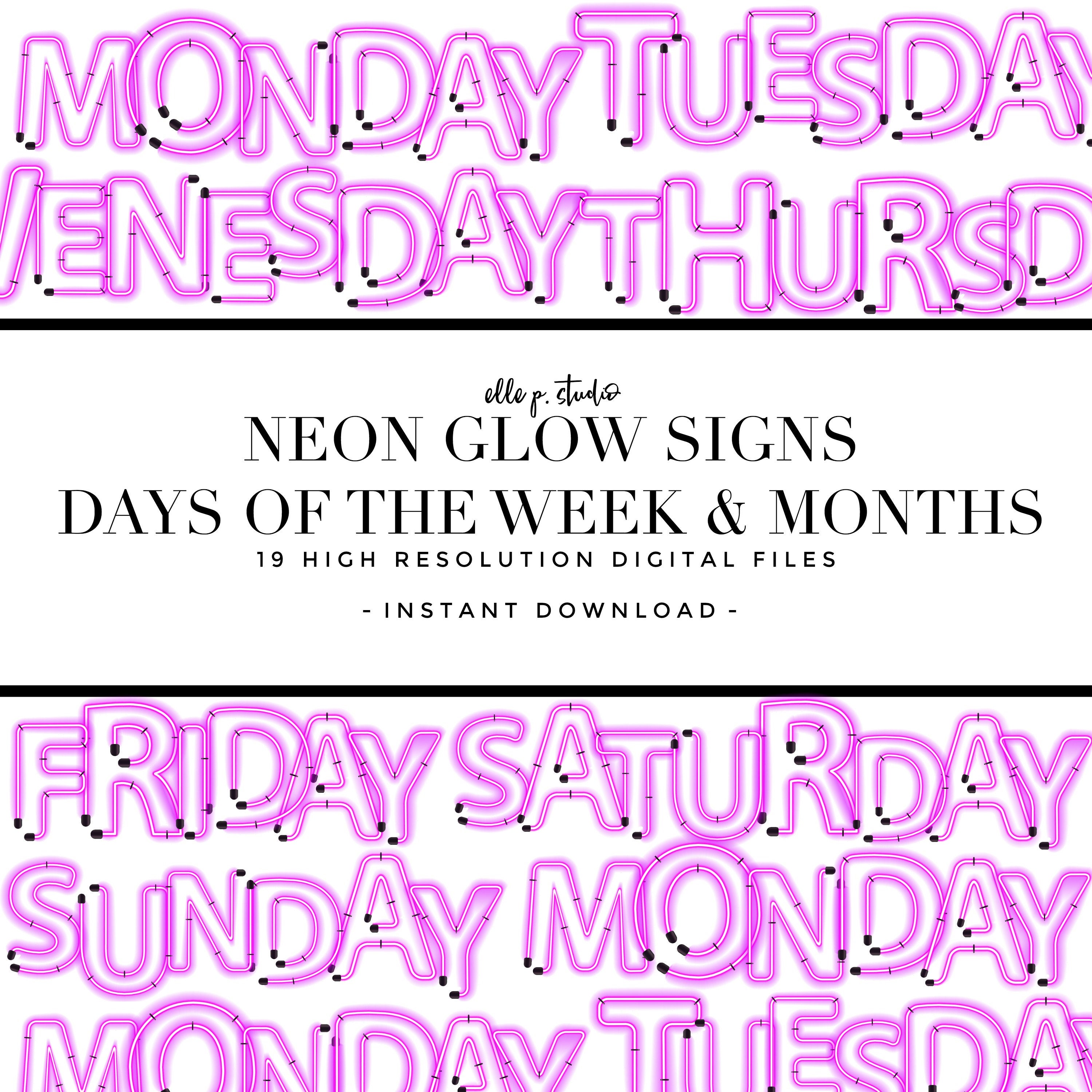 NEON GLOW Days of the Week and Months Clipart Files / Neon | Etsy