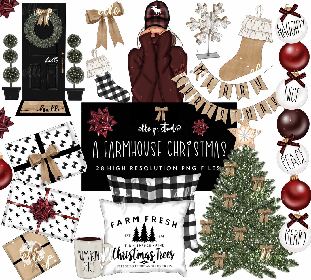 Farmhouse Christmas Clipart Bundle /holiday Clipart Bundle -28 Clipart ...