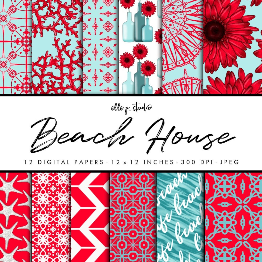 Beach House Digital Paper Set / Digital Scrapbook Paper / Illustrated ...