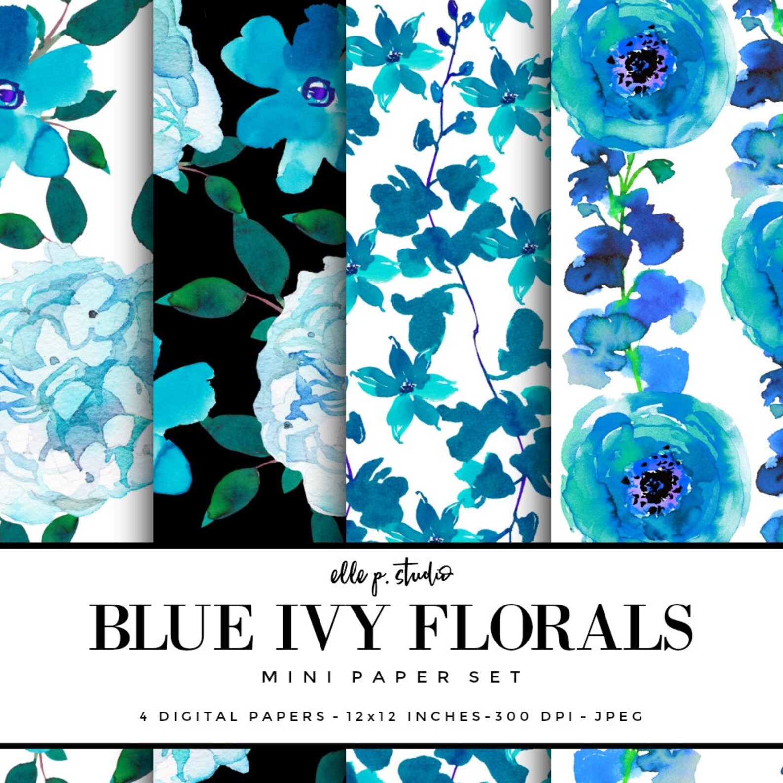 Blue Ivy Floral Digital Paper Set / Digital Scrapbook Paper ...