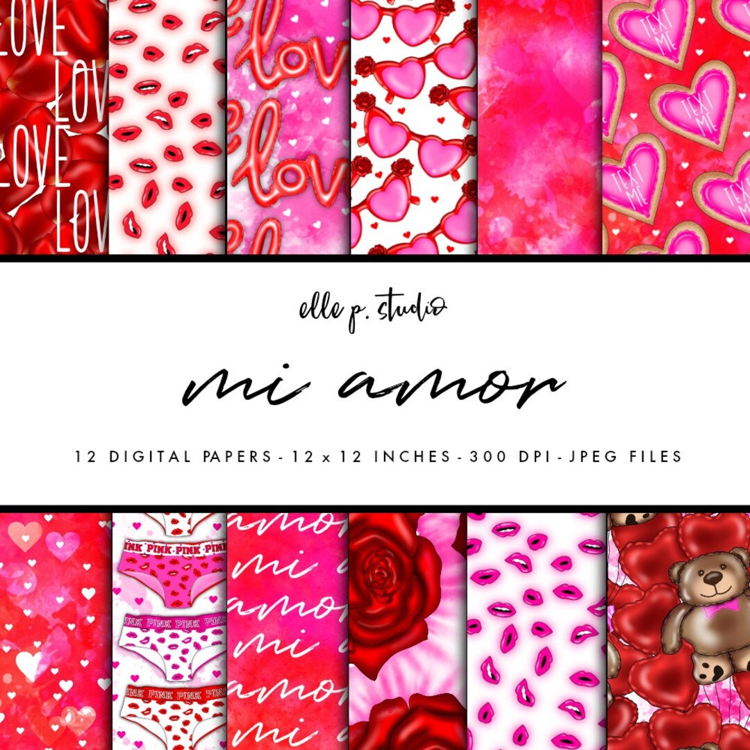 Mi Amor Digital Paper Set / Digital Scrapbook Paper / Illustrated Paper ...
