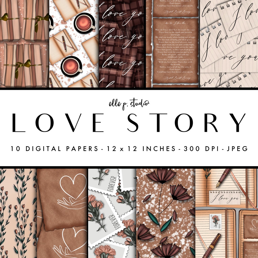 Love Story Digital Paper Set / Digital Scrapbook Paper / Illustrated ...