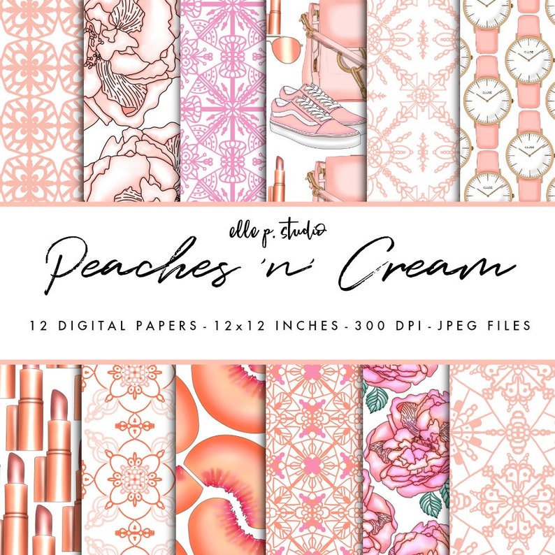 Peaches 'n' Cream Paper Set / Digital Scrapbook Paper / Peony Patterns ...