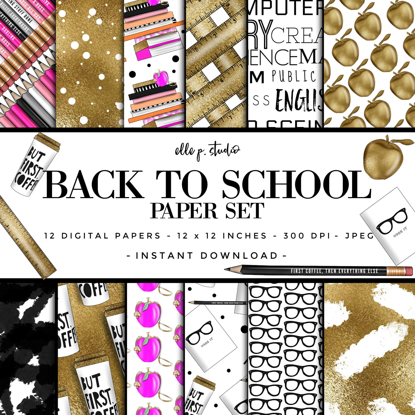 Back to School Digital Paper Set / Digital Scrapbook Paper / - Etsy