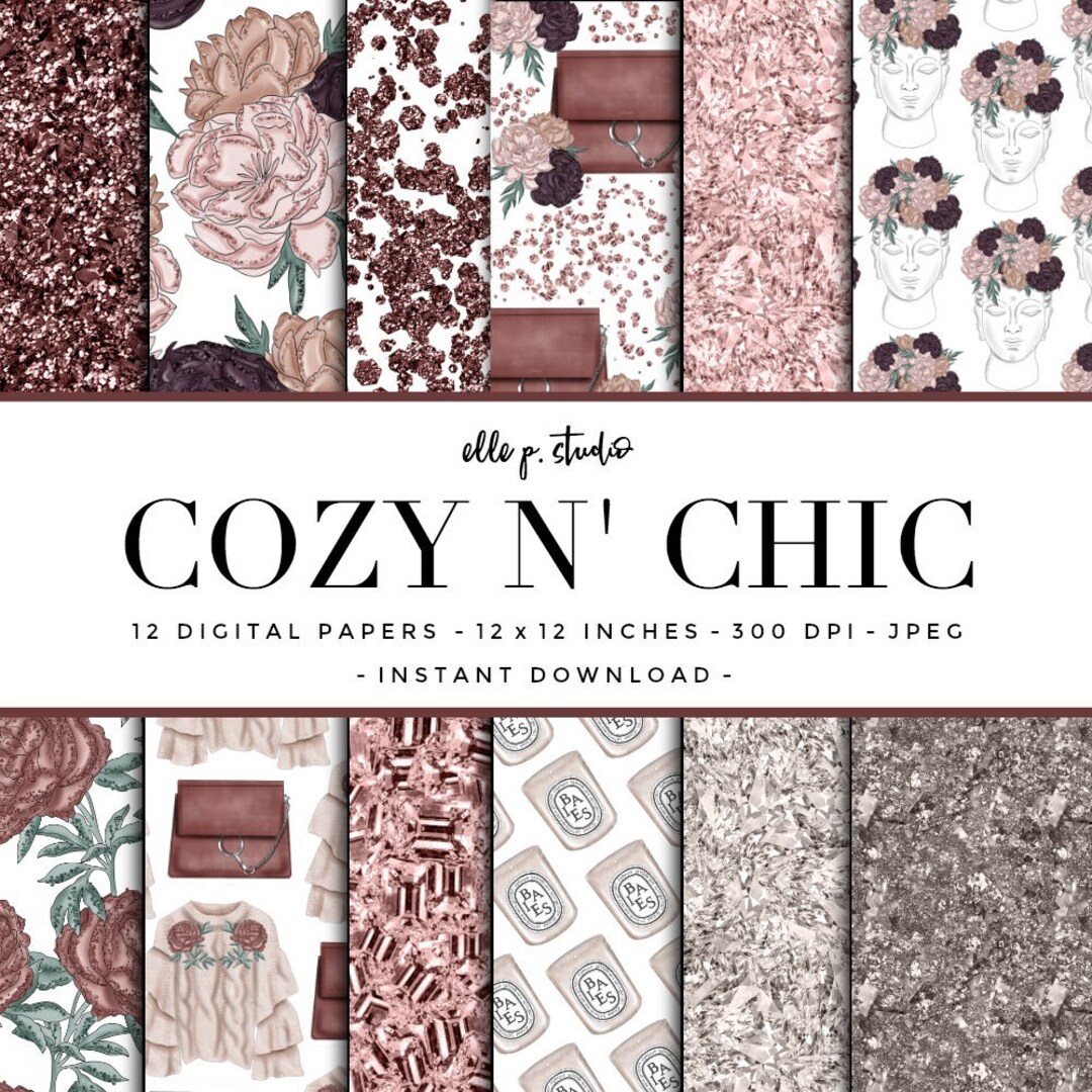 Cozy N' Chic Digital Paper Set / Digital Scrapbook Paper / Illustrated ...