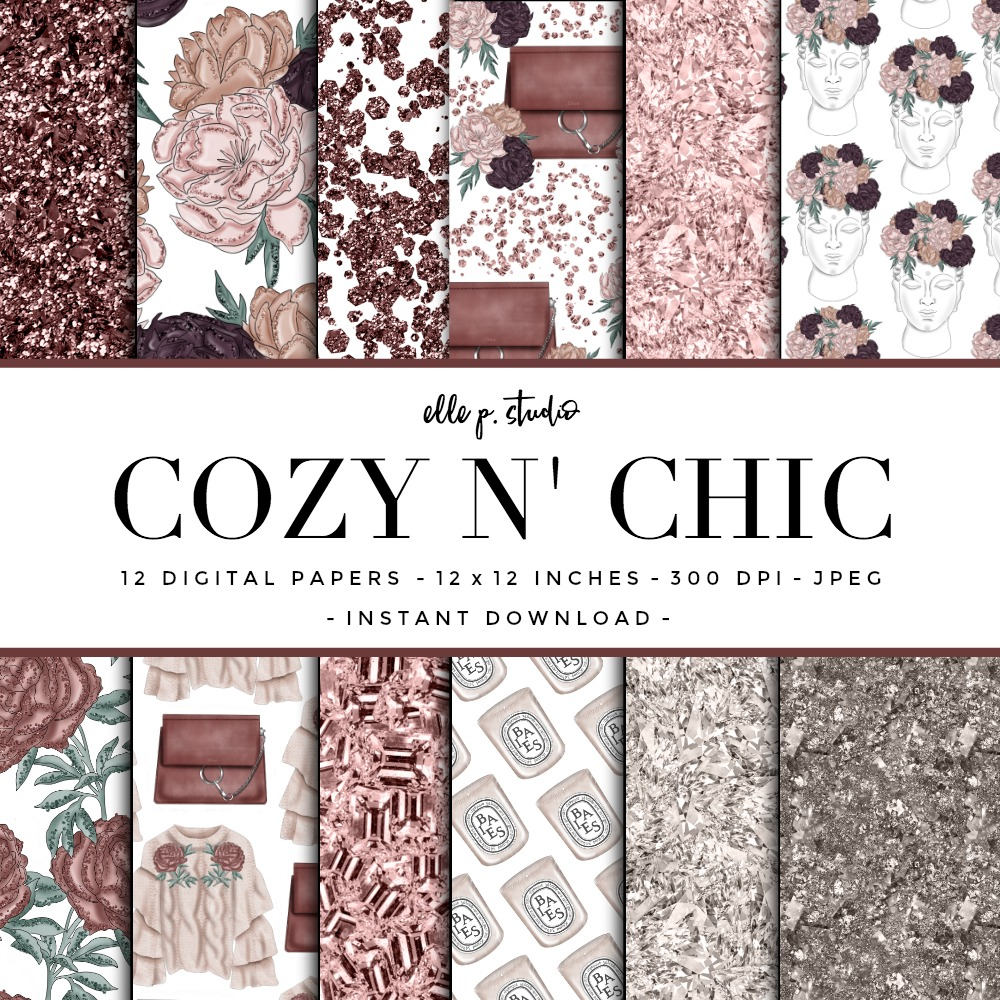 Cozy N' Chic Digital Paper Set / Digital Scrapbook Paper / Illustrated ...