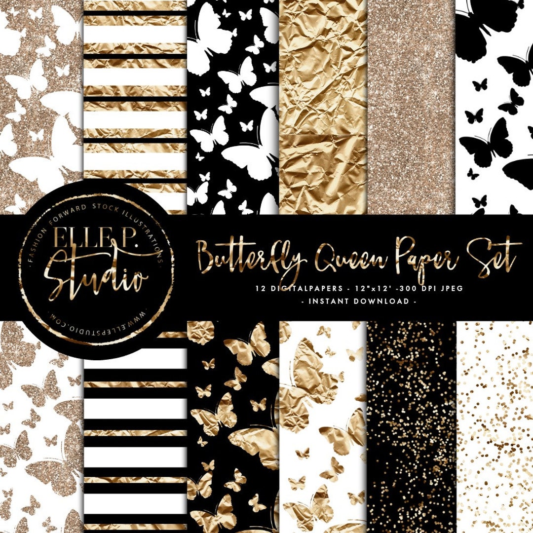 Butterfly Queen Themed Paper Set / Gold Foil Digital Paper Paper Bundle ...