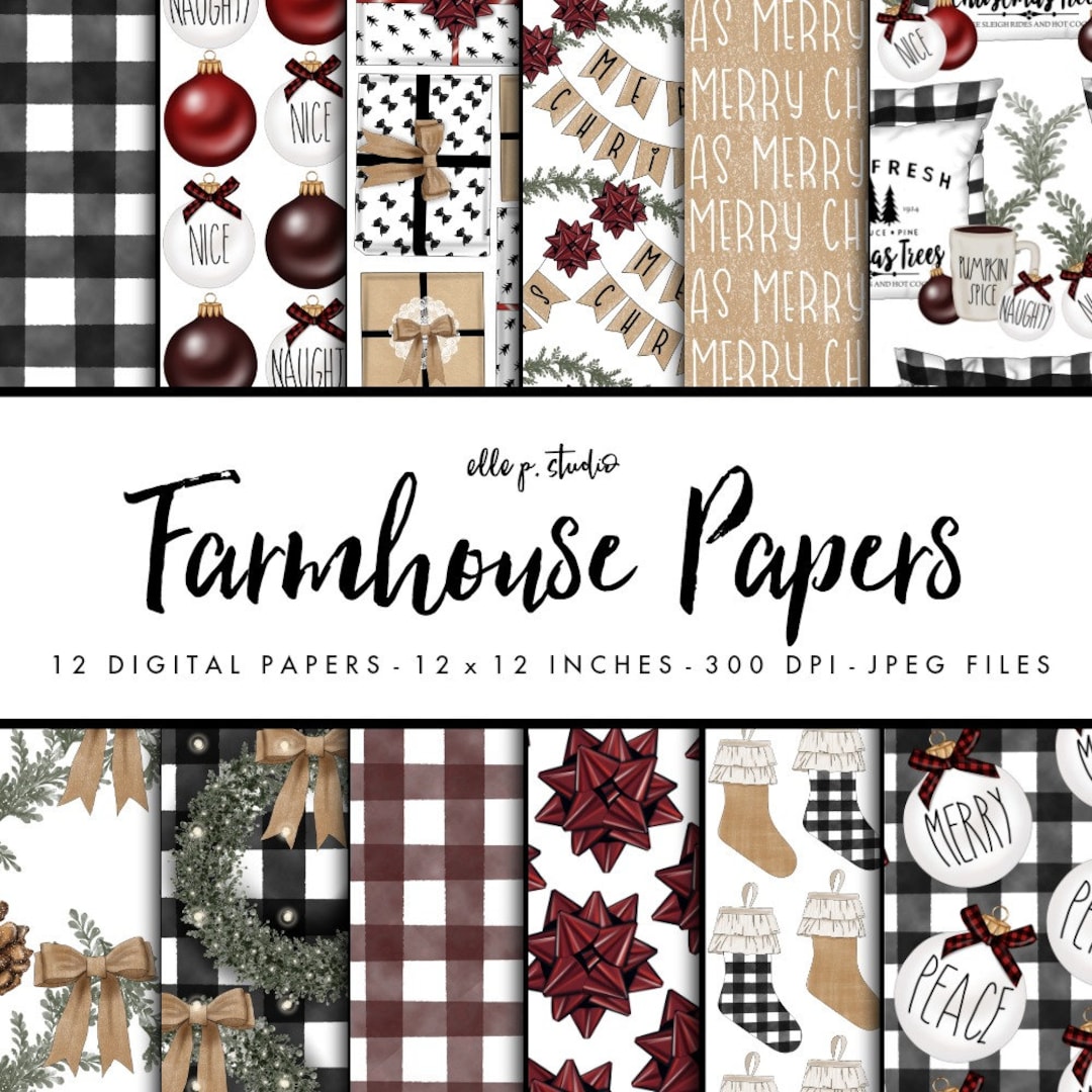 Farmhouse Christmas Paper Set / Digital Scrapbook Paper / Illustrated ...