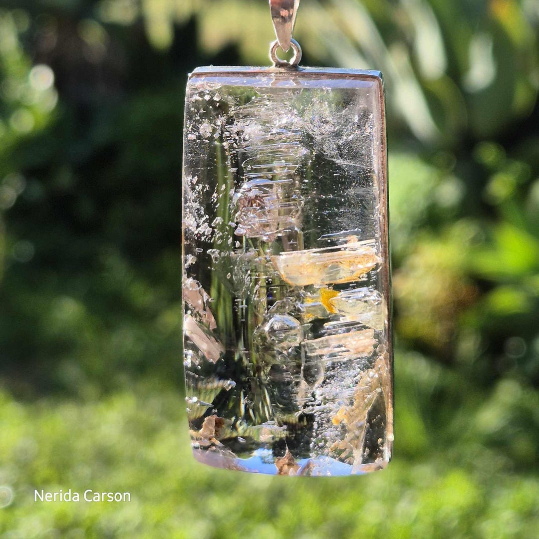 Large Golden Elestial Enhydro Quartz Sterling Silver Pendant - Etsy