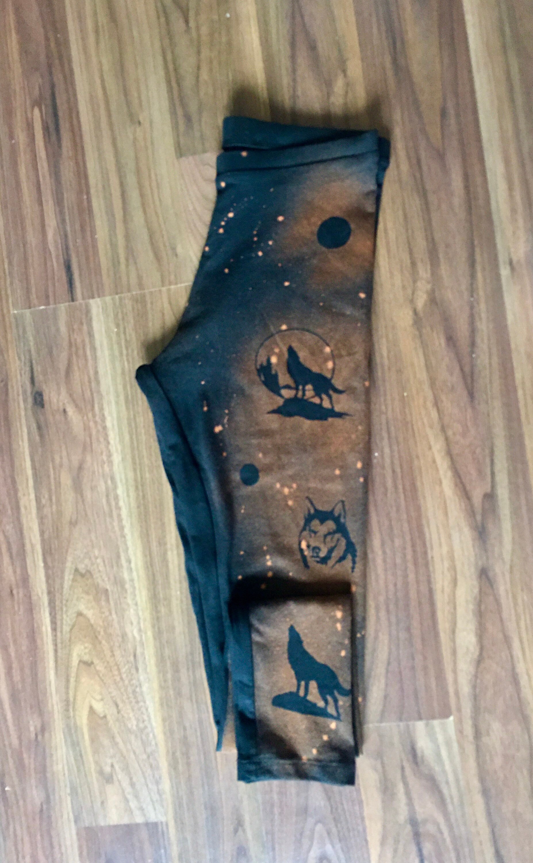Double Sided Howling Wolves Bleached Black Leggings Wolf | Etsy