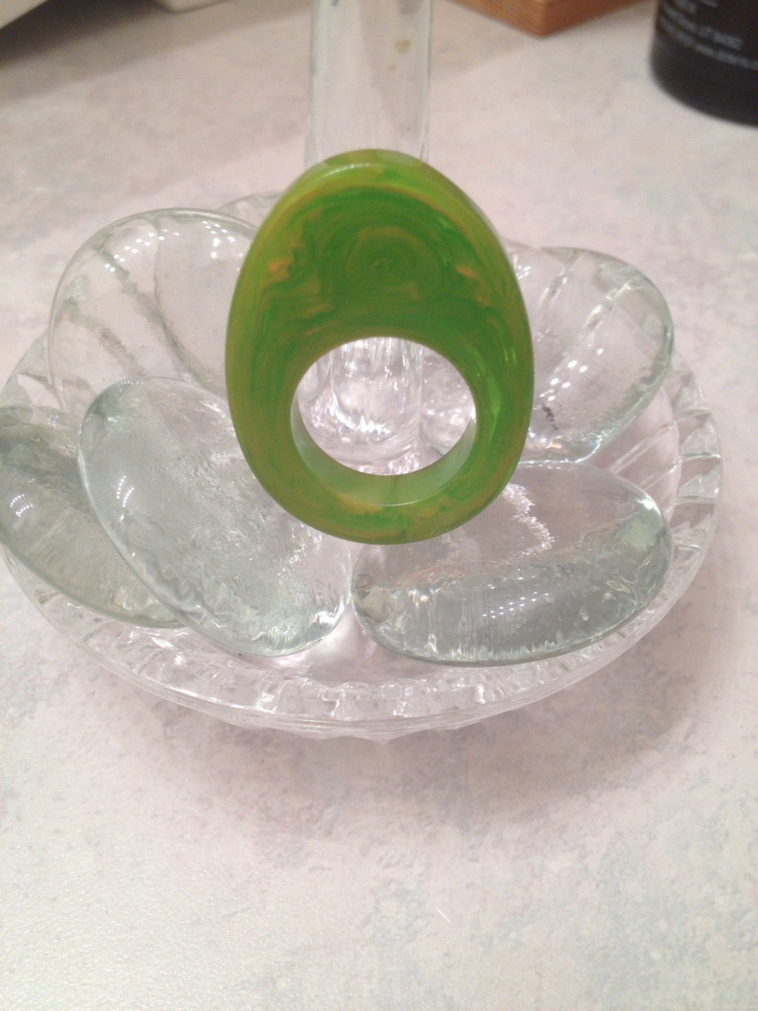 Vintage Bakelite Ring, Flat Dome Bakelite Ring, Lime Green Marbled ...