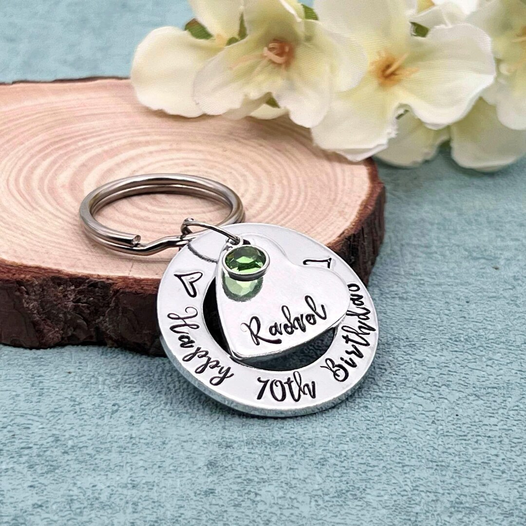 70th Birthday Gift, Personalised Hand Stamped Keyring With Birthstone ...