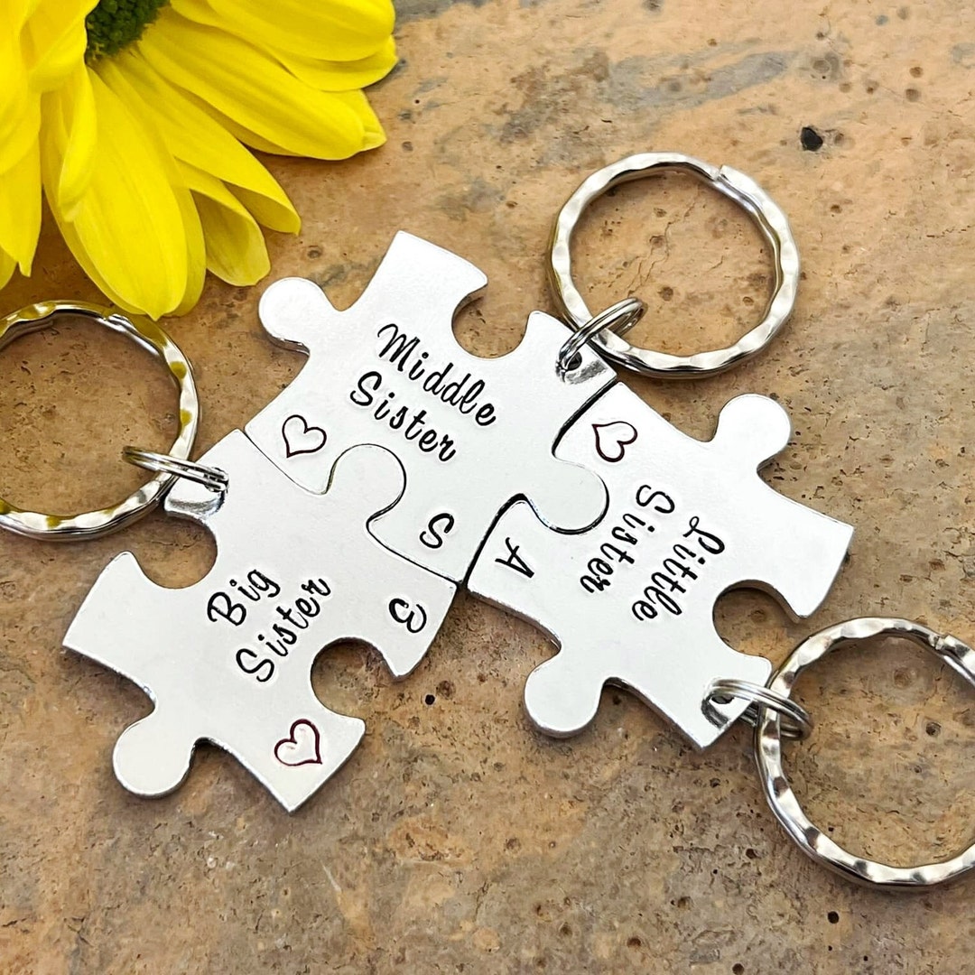 Siblings Gift, Personalised Puzzle Keyring, Big Middle Little Sister ...