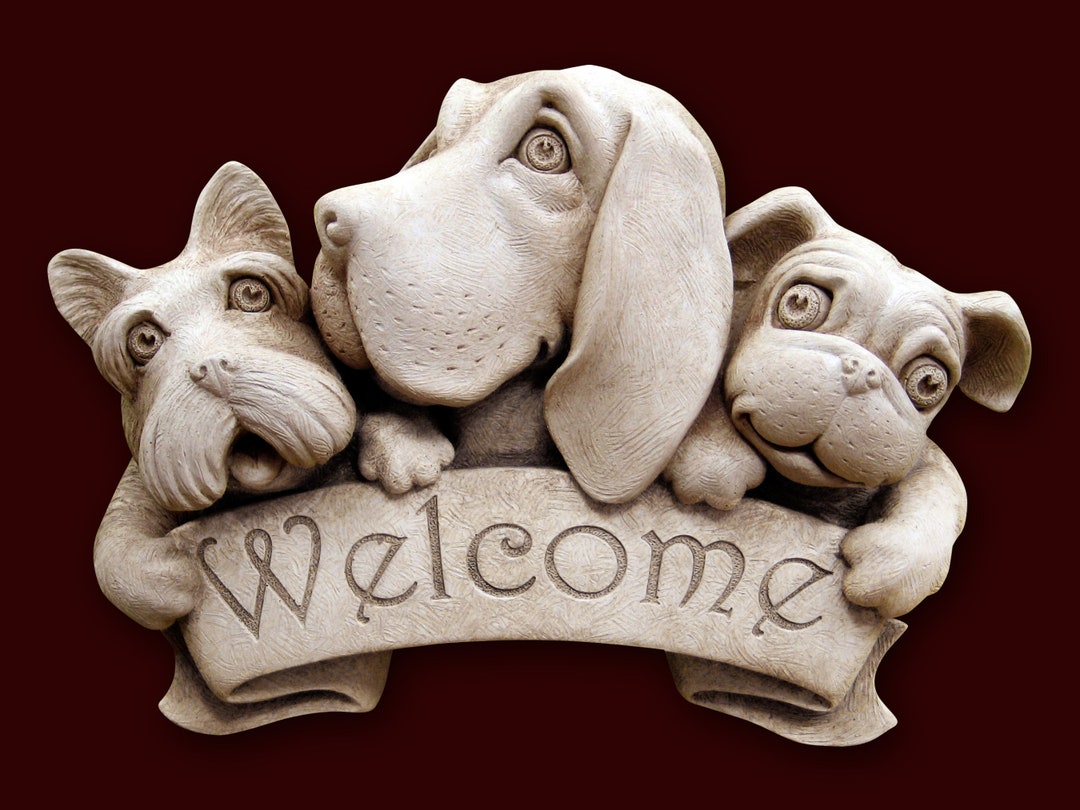 Dog Lovers Welcome Plaque, Dog Sculpture in Stone, Cute Puppy Sculpture ...
