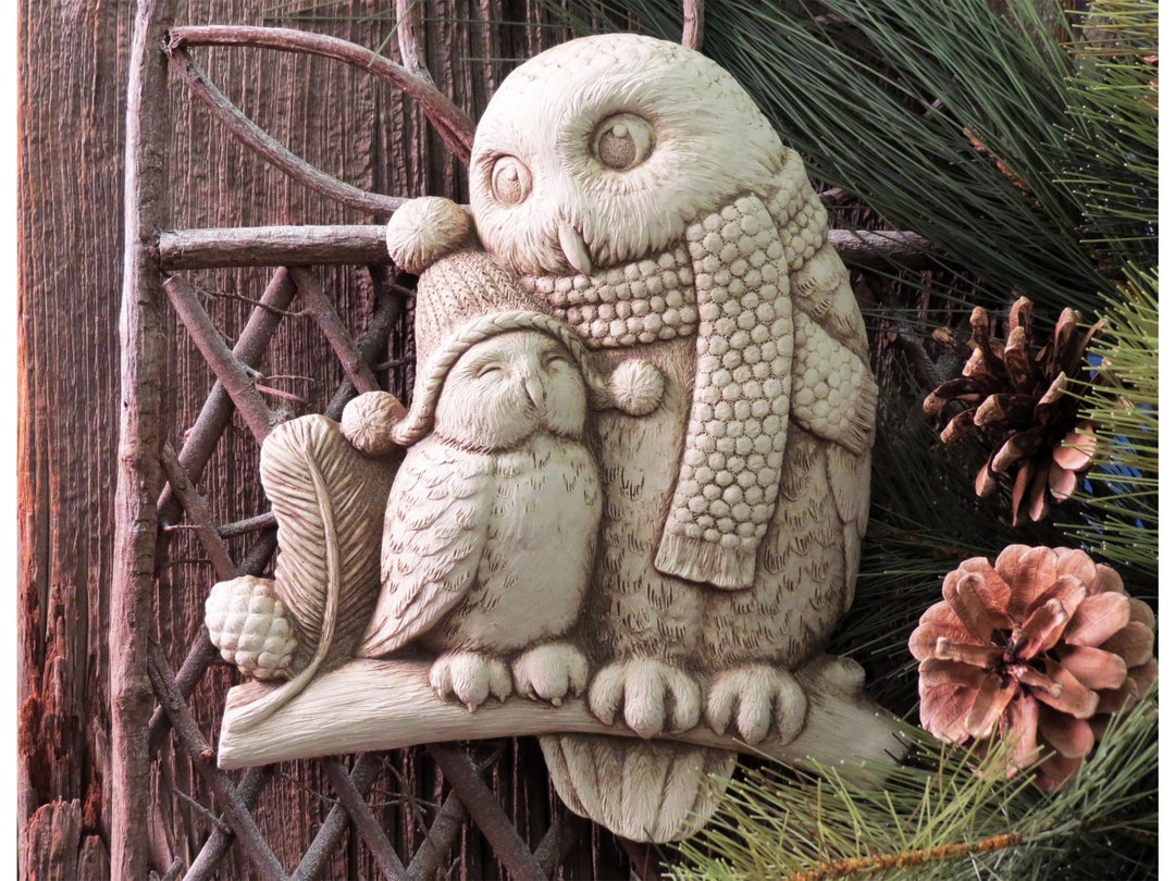 Snowy Owls Sculpture, Owl Art Plaque for Home or Garden, Winter Owl ...