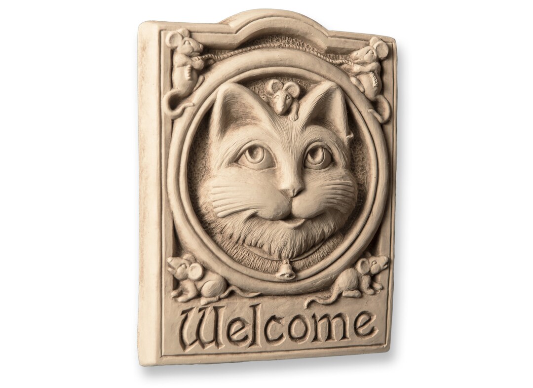 Welcome Cat Plaque for Home & Garden, Cat Welcome Stone Sculpture, Cat ...