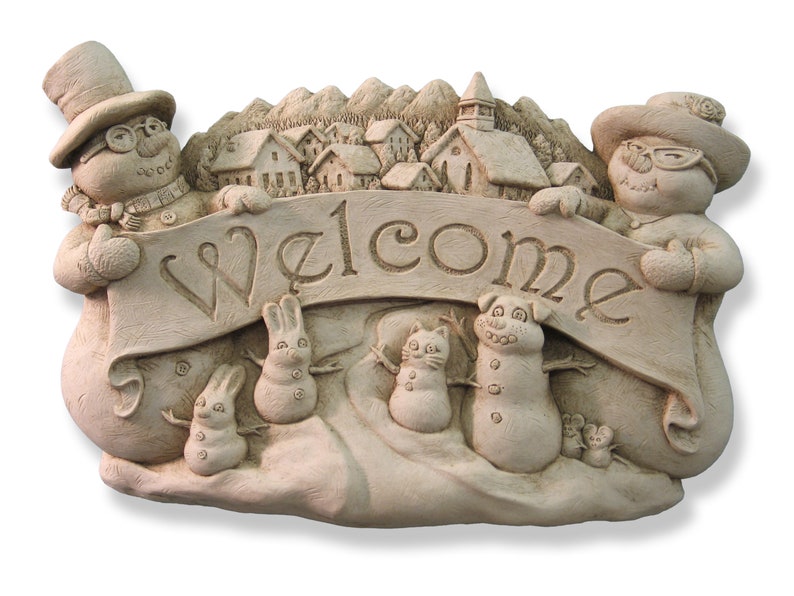Snowman Welcome Stone Sculpture, Snowman Decor With Winter Village ...