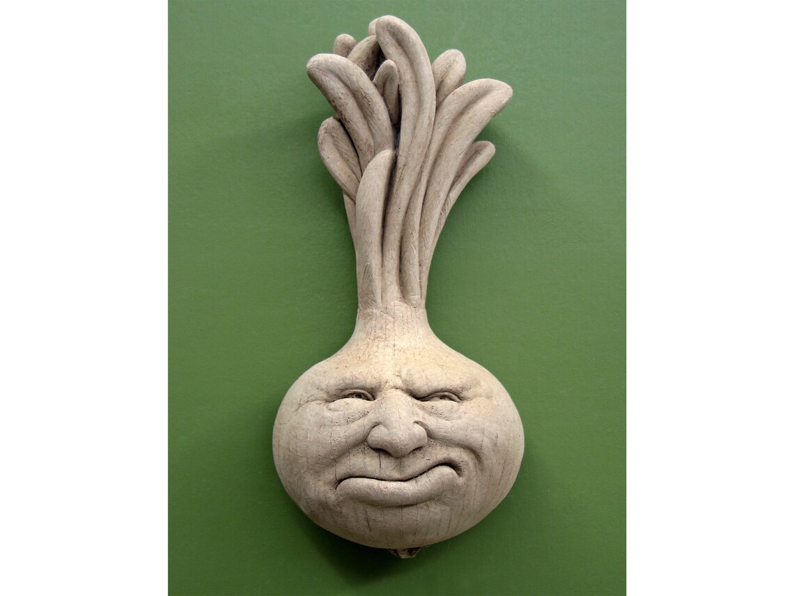 Onion Art Sculpture With Funny Face, Ornery Onion Stone Sculpture ...