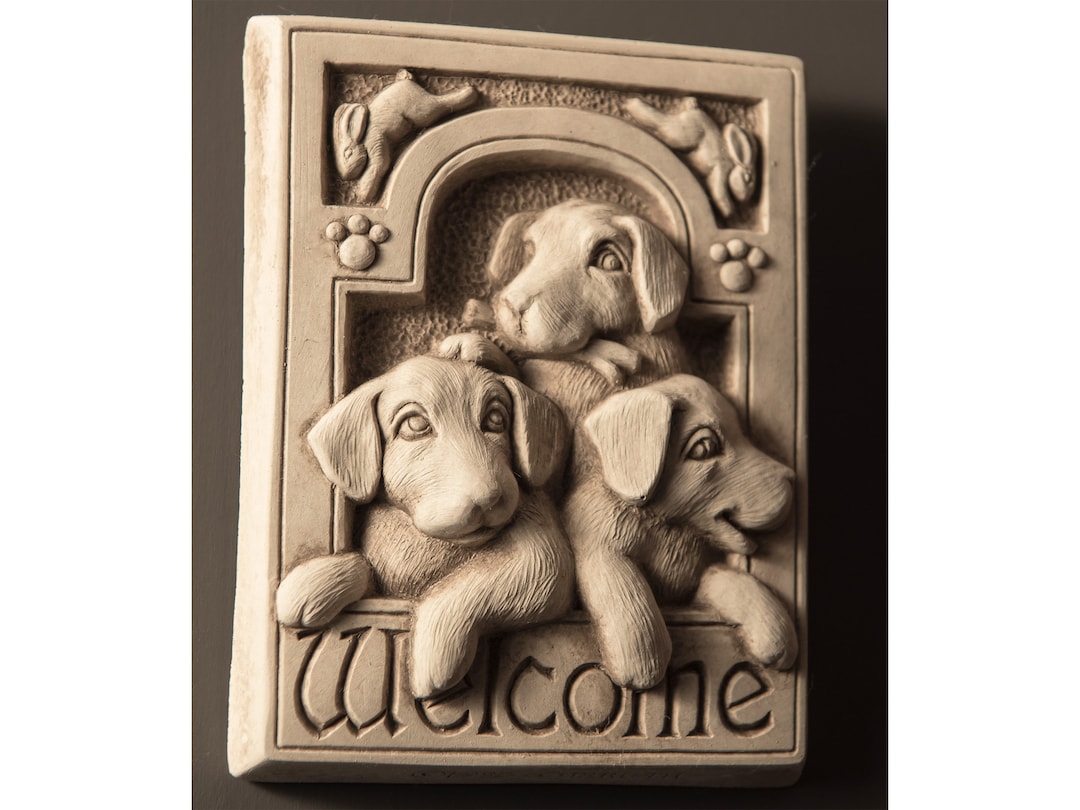 Puppies Welcome Plaque, Puppy Stone Sculpture, Puppies With Bunnies ...