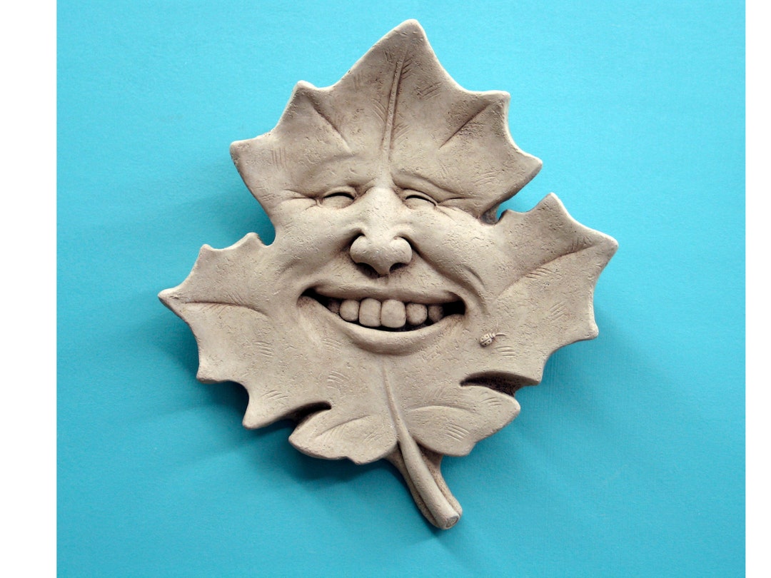 Leaf Face Sculpture, Whimsical Leaf Face Plaque, Garden Gift, Smiling ...