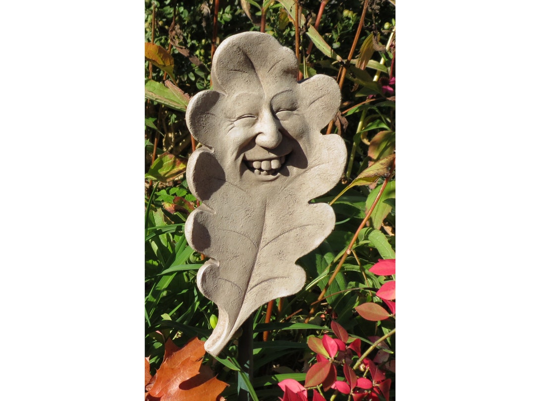 Leaf Face Stone, Whimsical Leaf Face Plaque, Garden Gift, Smiling Leaf Face Sculpture, Smiling ...