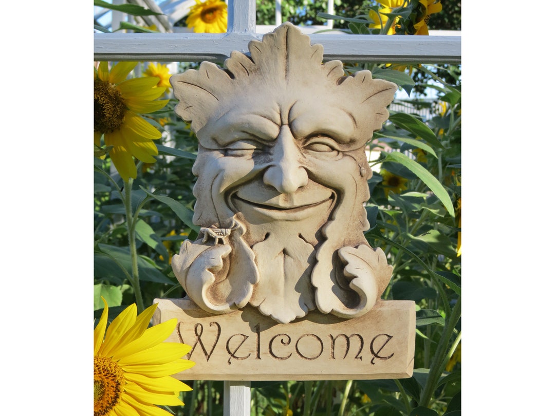 Green Man Welcome Plaque, Solid Stone Garden Welcome Sculpture With ...