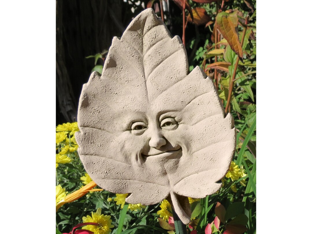 Smiling Leaf Face Sculpture, Whimsical Leaf Face Plaque, Garden Gift ...