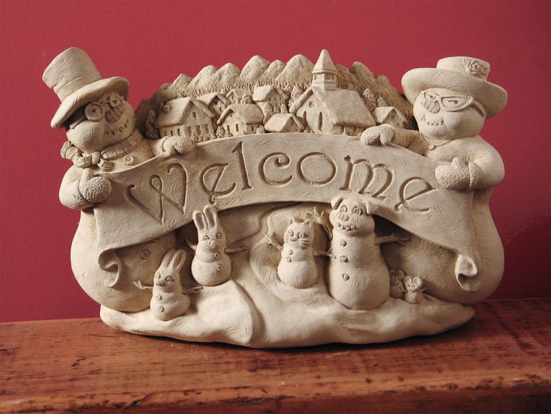 Snowman Welcome Stone Sculpture, Snowman Decor With Winter Village ...