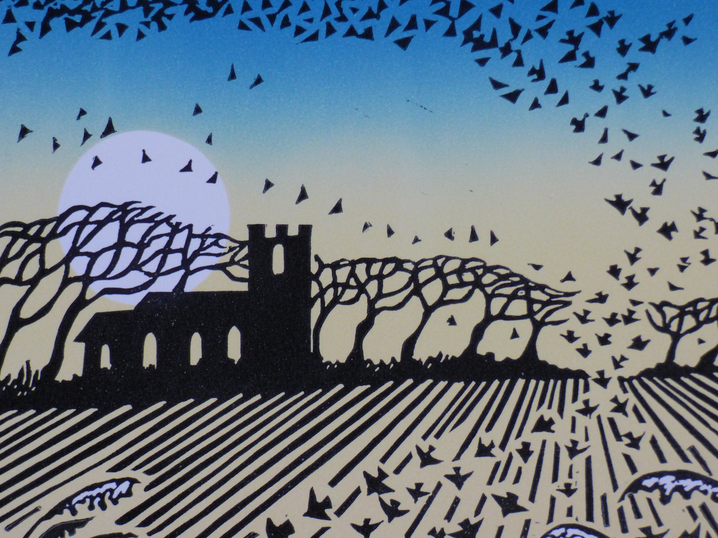 Field and Flock: Lino Cut Print of Starlings, Ploughed Field, Reed ...