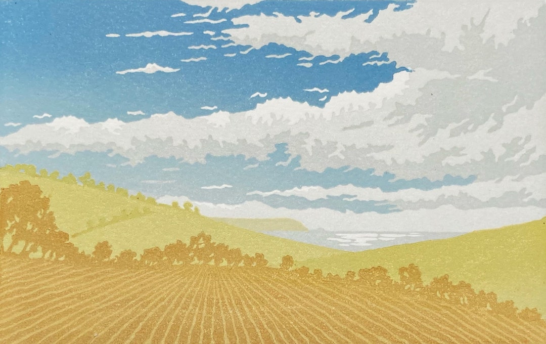 Coastal Fields Lino Print: Fields, View Across Bay, Clouds, Devon Coast ...