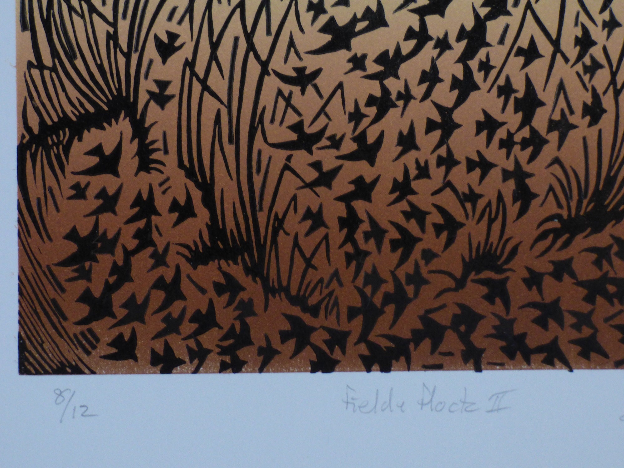 Field and Flock: Lino Cut Print of Starlings, Ploughed Field, Reed ...