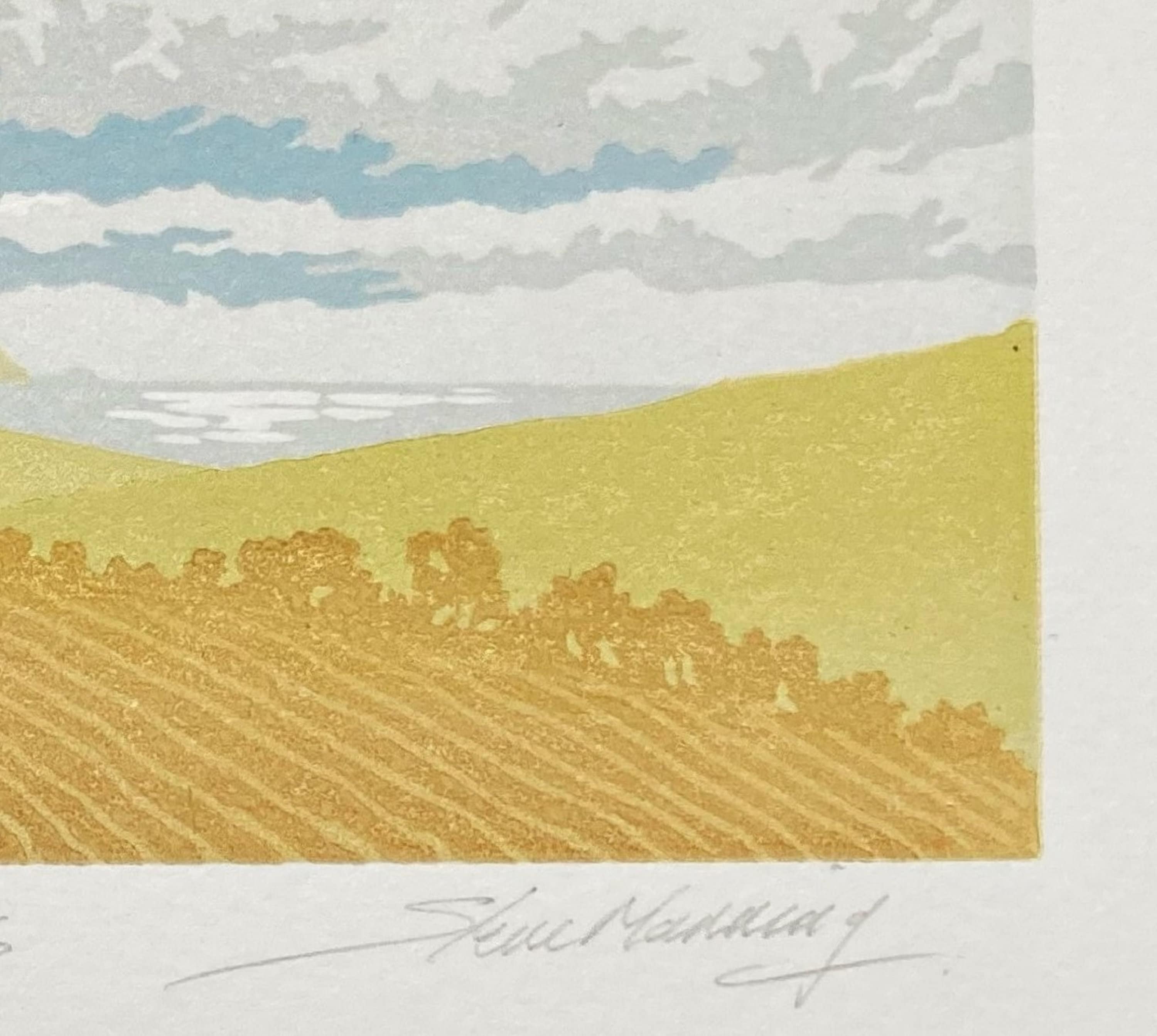 Coastal Fields Lino Print: Fields, View Across Bay, Clouds, Devon Coast ...