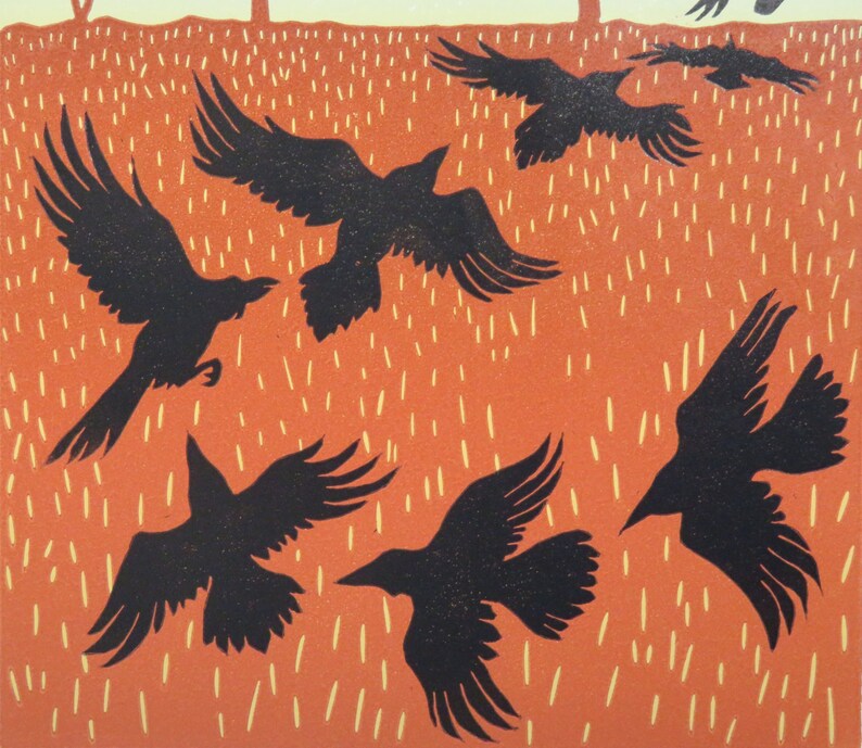 Ragged Crows: Lino Print of Black Crows Flying Over a Devon Stubble ...