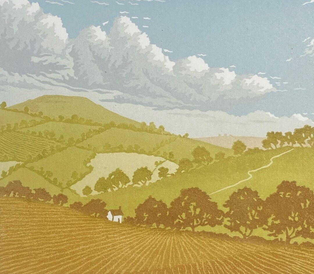 Clouds Over Dumpdon Hill Linocut Print - East Devon Countryside With ...