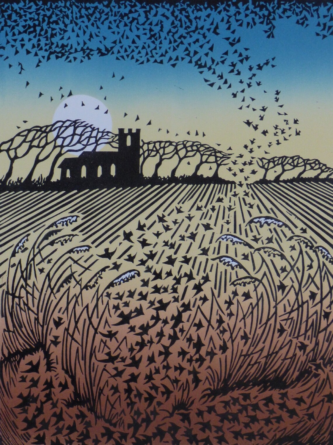 Field and Flock: Lino Cut Print of Starlings, Ploughed Field, Reed ...