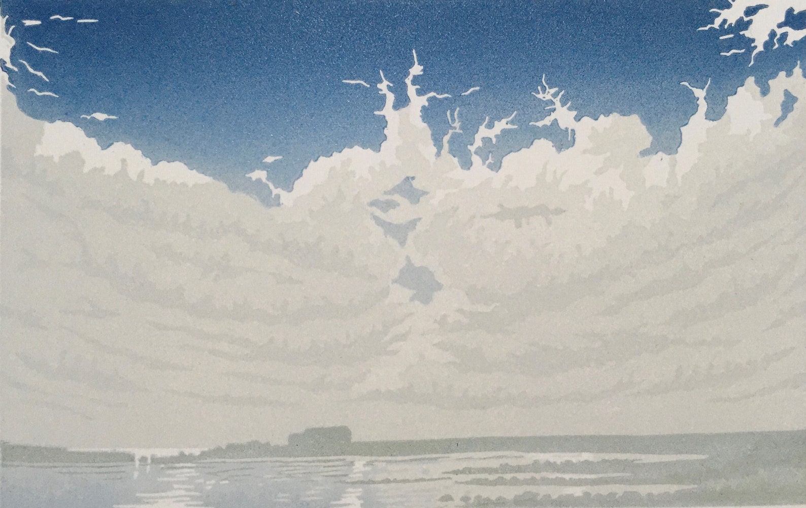 Lino Print of a Small Harbour With Sunlight Reflected on the Water and ...