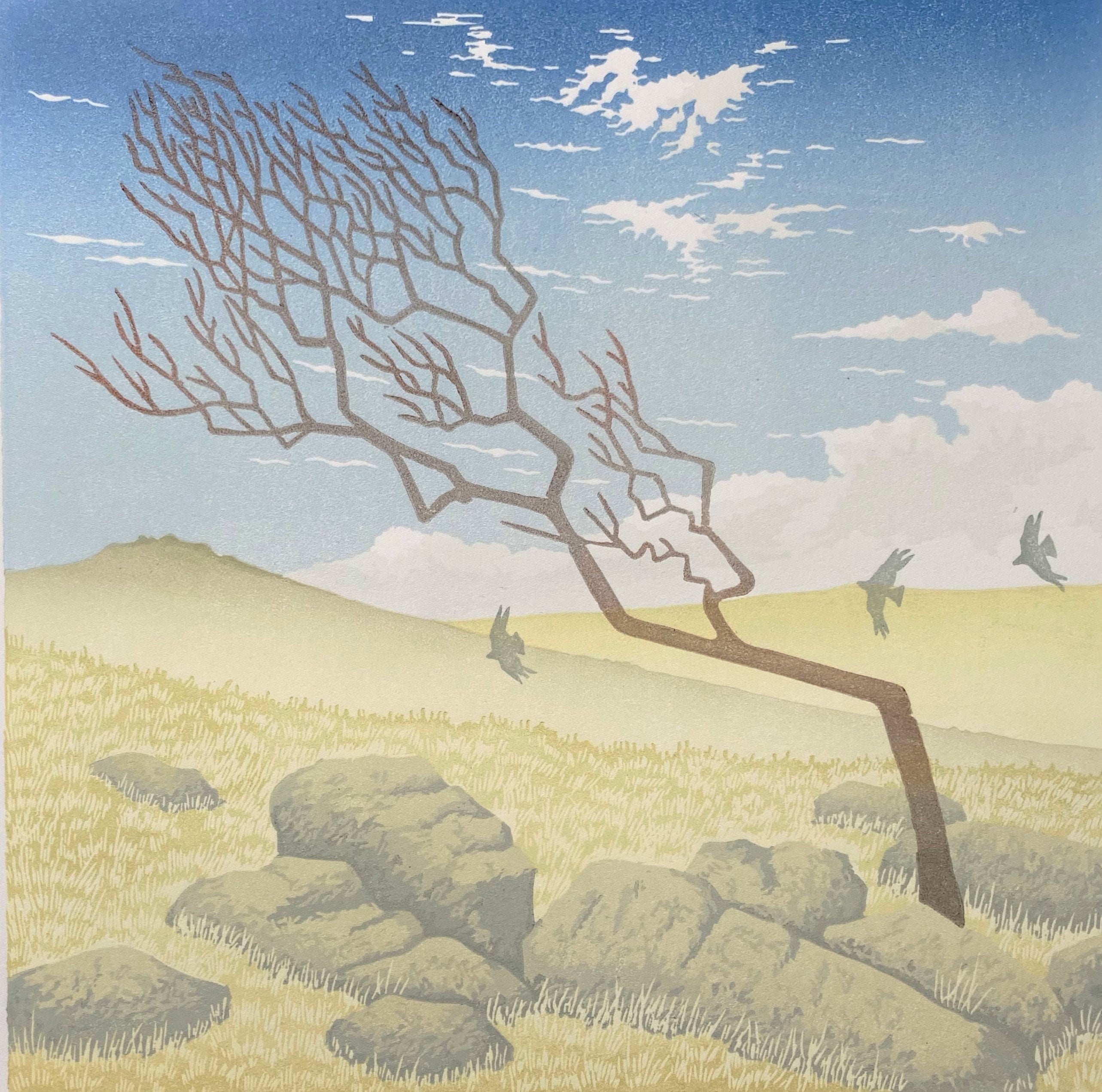 Windswept II: Lino Print of Windswept Thorn Tree Rocks, Moorland and ...